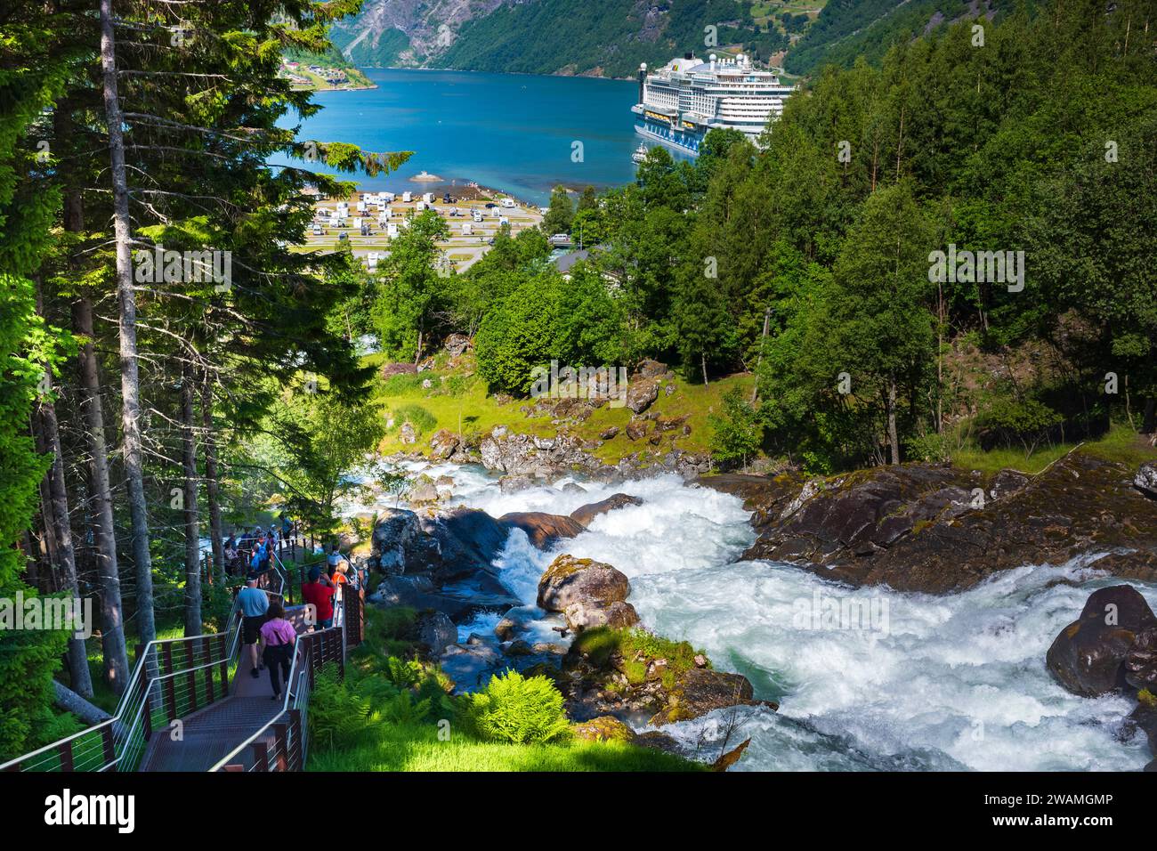Geiranger, Norway, June 26, 2023: The Waterfall Walk is a series steps ...