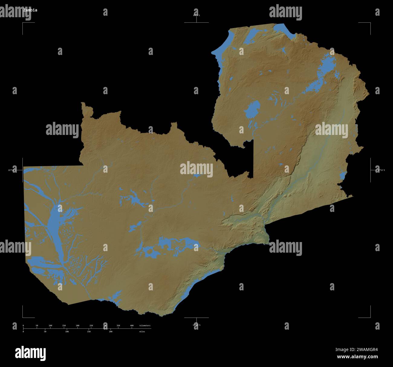 Shape of a Colored elevation map with lakes and rivers of the Zambia ...