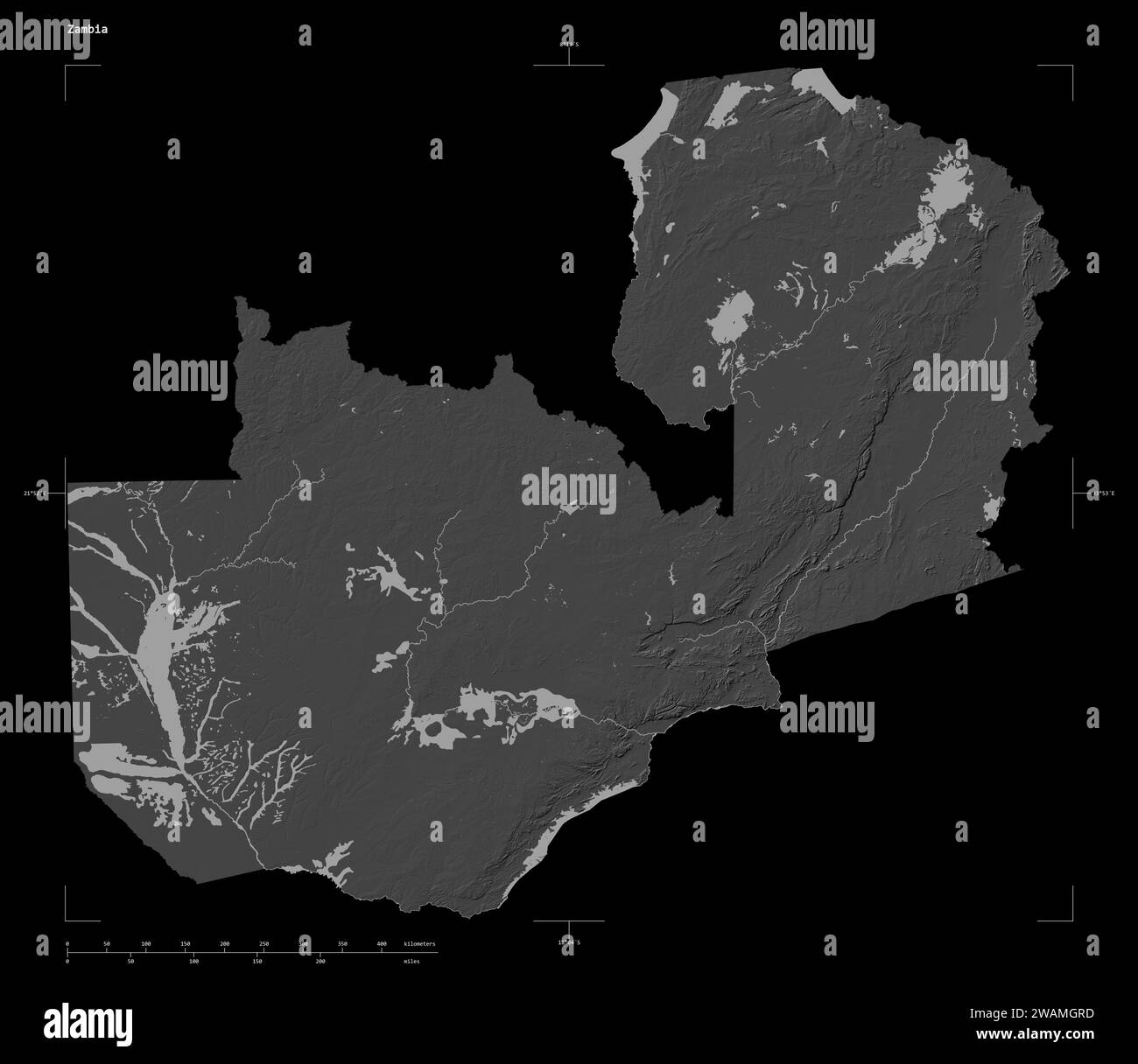 Shape of a Bilevel elevation map with lakes and rivers of the Zambia ...