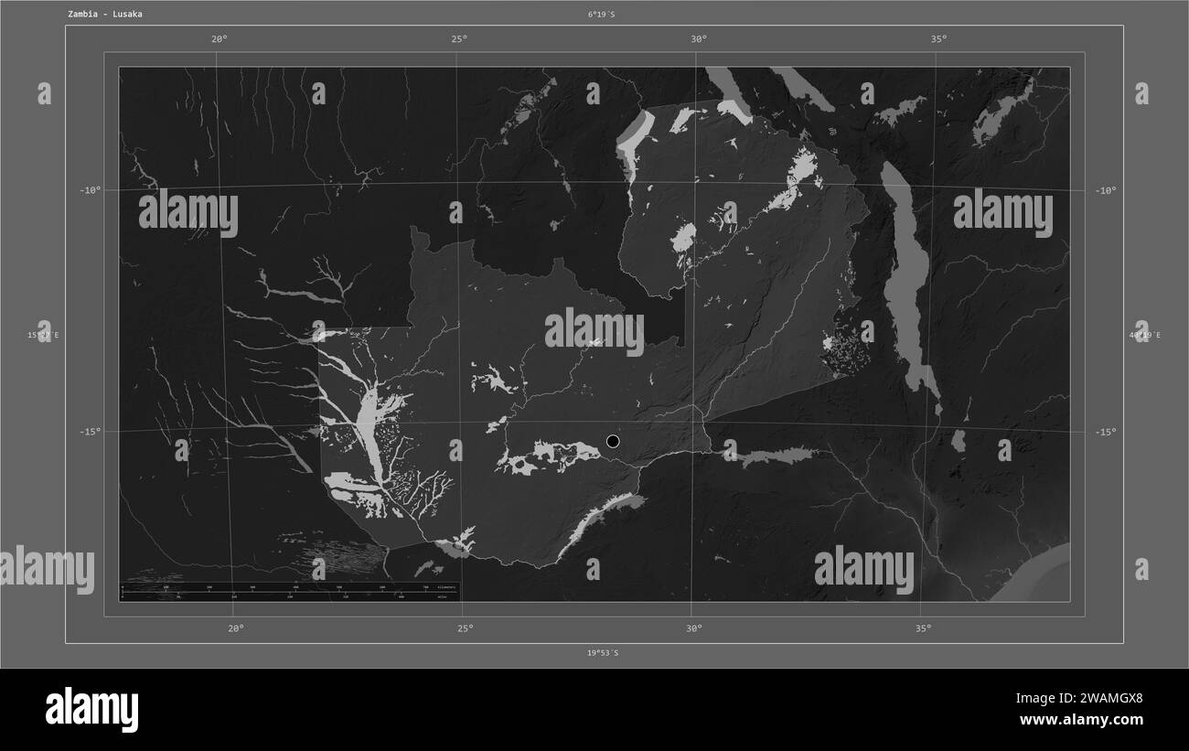 Zambia highlighted on a Grayscale elevation map with lakes and rivers ...