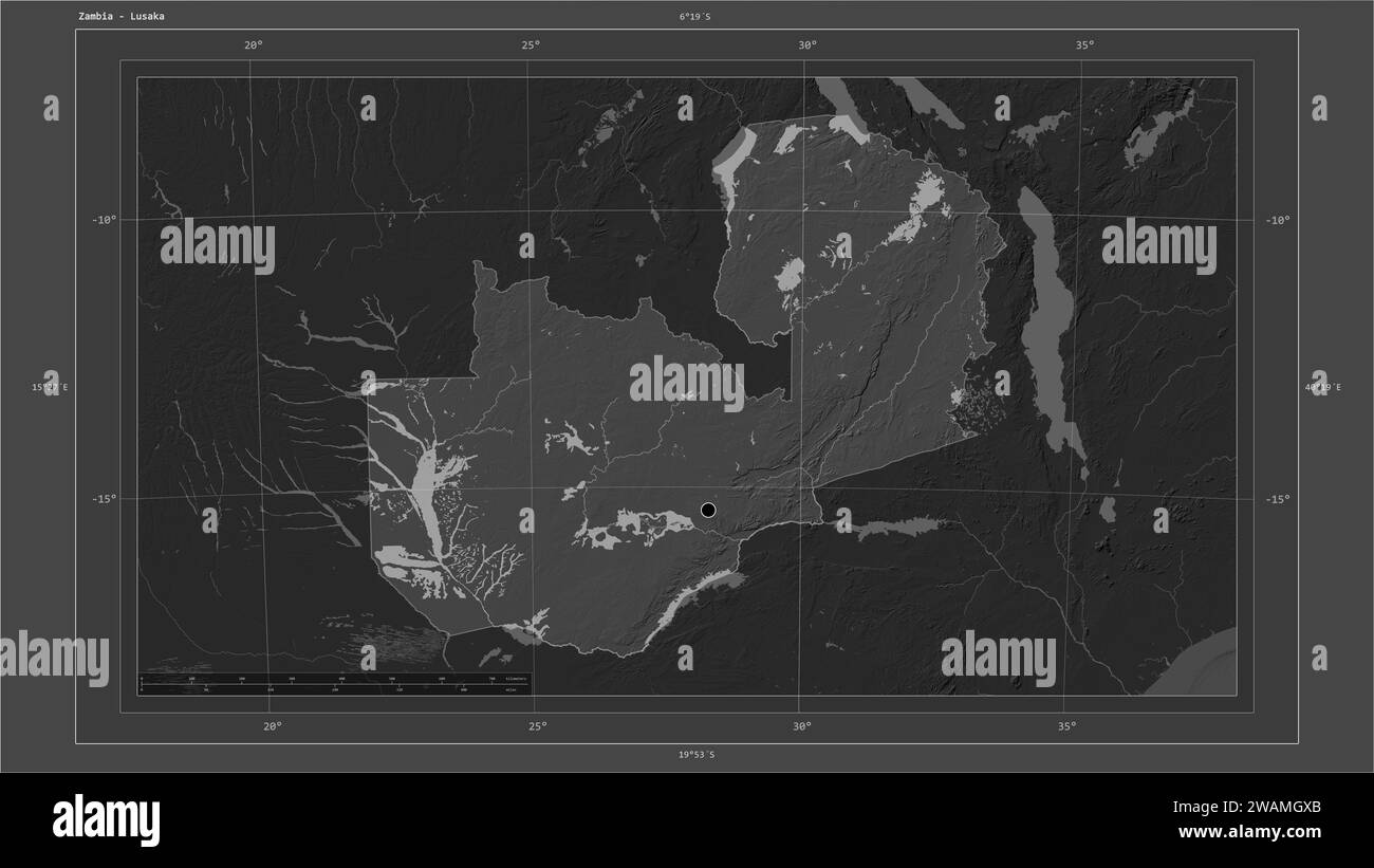 Zambia highlighted on a Bilevel elevation map with lakes and rivers map ...