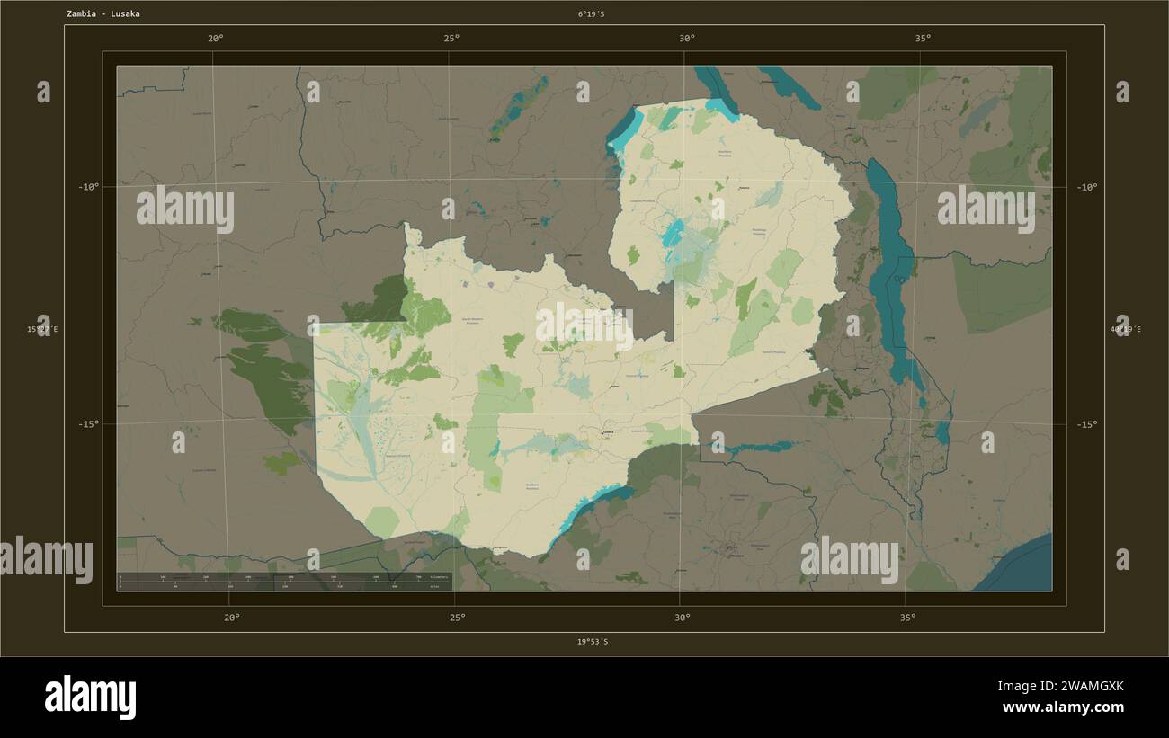Zambia highlighted on a topographic, OSM Humanitarian style map map ...