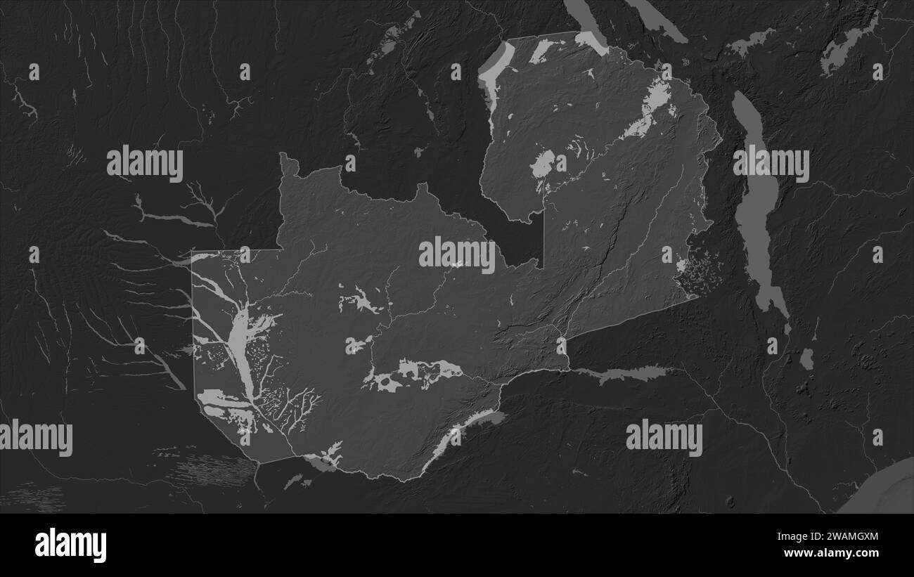 Zambia highlighted on a Bilevel elevation map with lakes and rivers ...