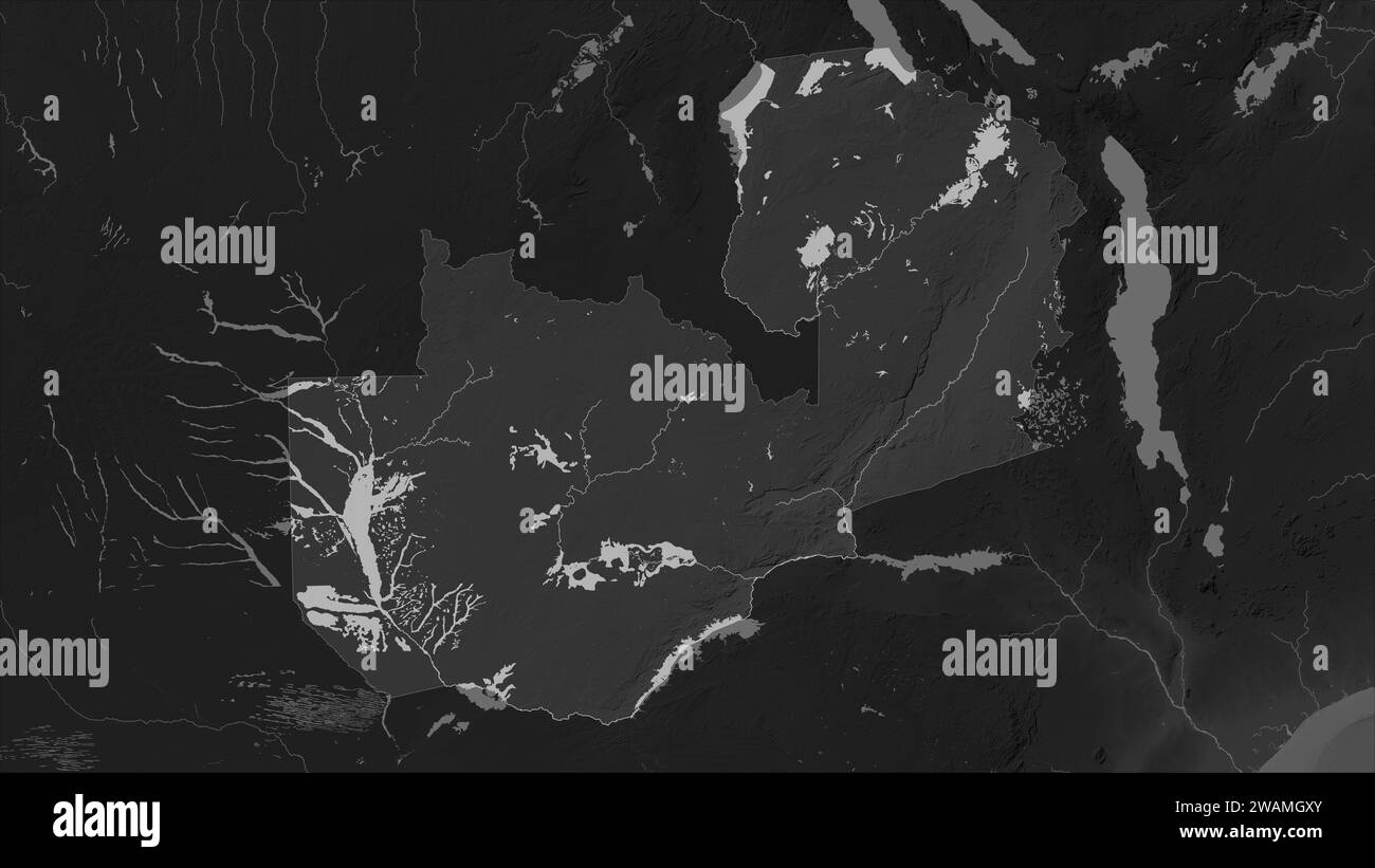 Zambia highlighted on a Grayscale elevation map with lakes and rivers ...