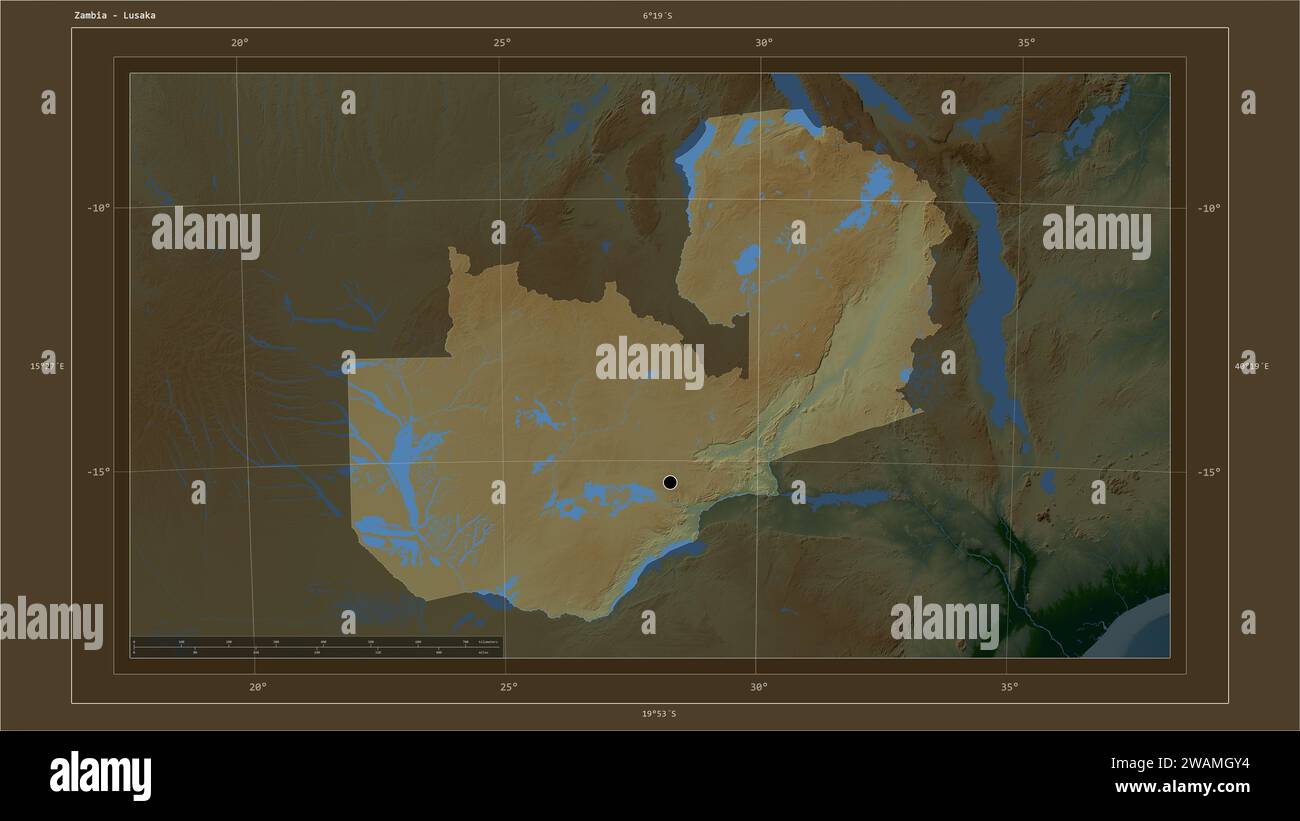 Zambia highlighted on a Colored elevation map with lakes and rivers map ...