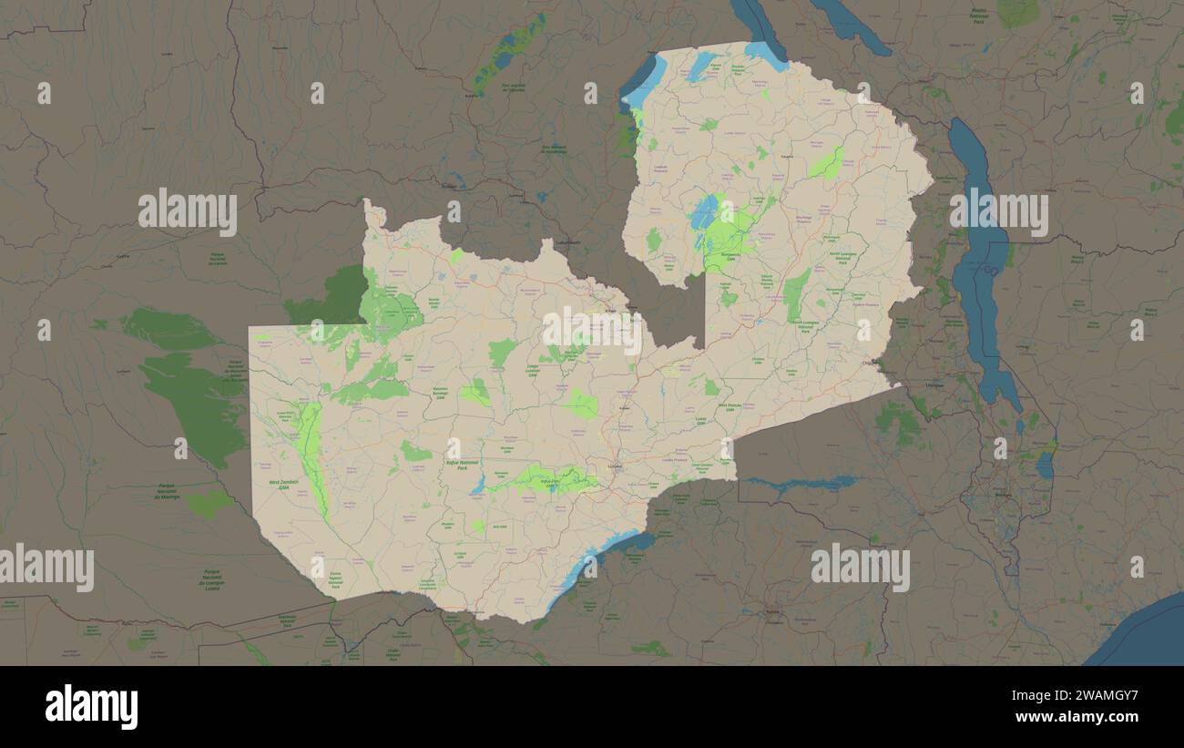 Zambia highlighted on a topographic, OSM standard style map Stock Photo ...