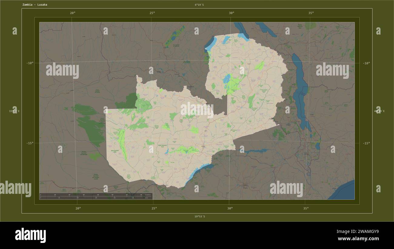 Zambia highlighted on a topographic, OSM standard style map map with the country's capital point ...