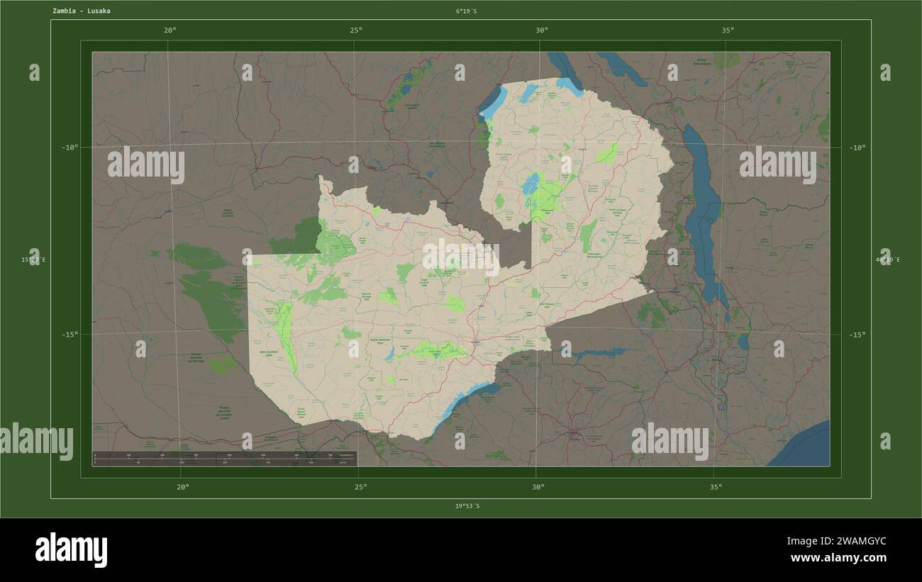 Zambia highlighted on a topographic, OSM Germany style map map with the country's capital point ...