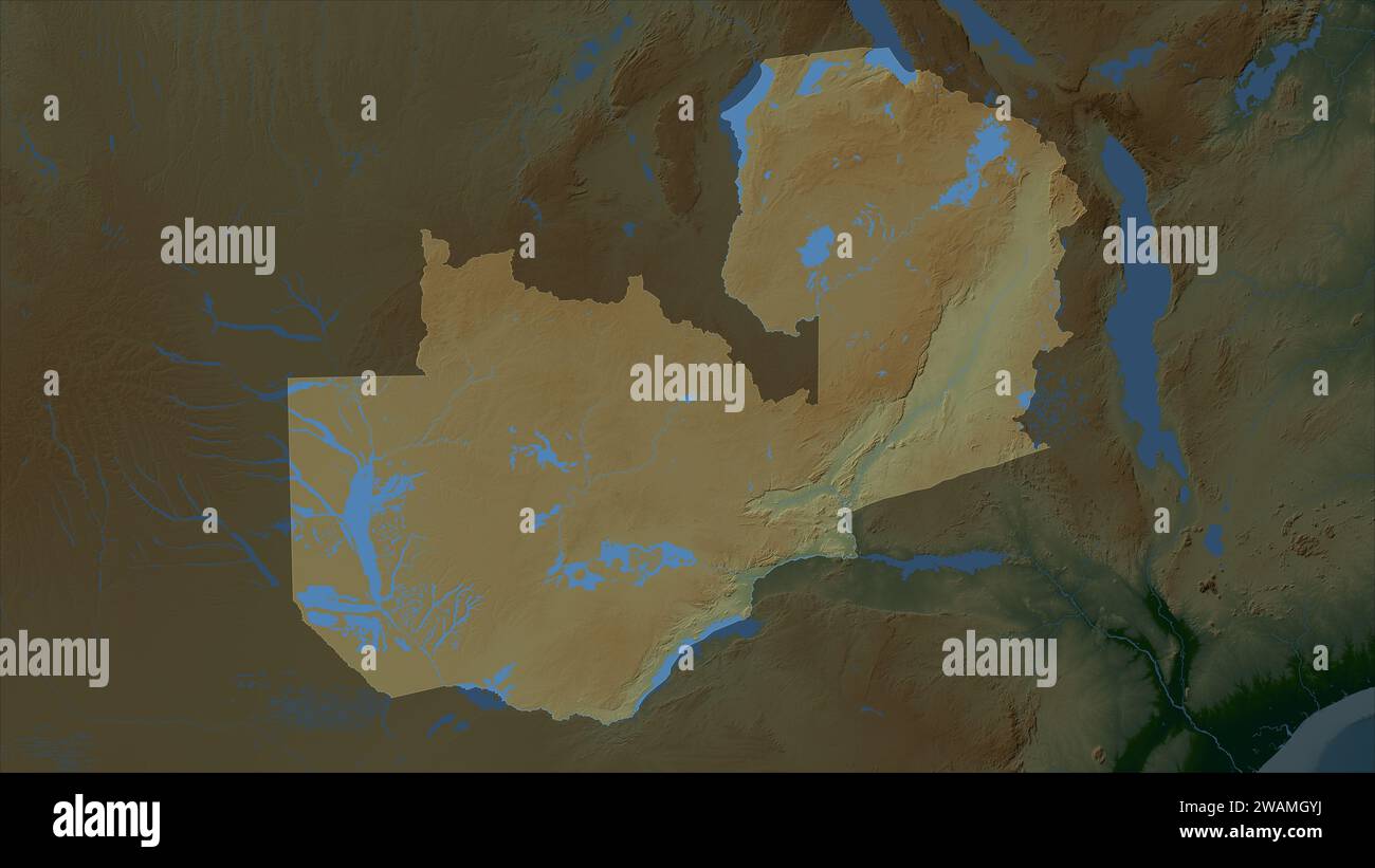Zambia highlighted on a Colored elevation map with lakes and rivers ...