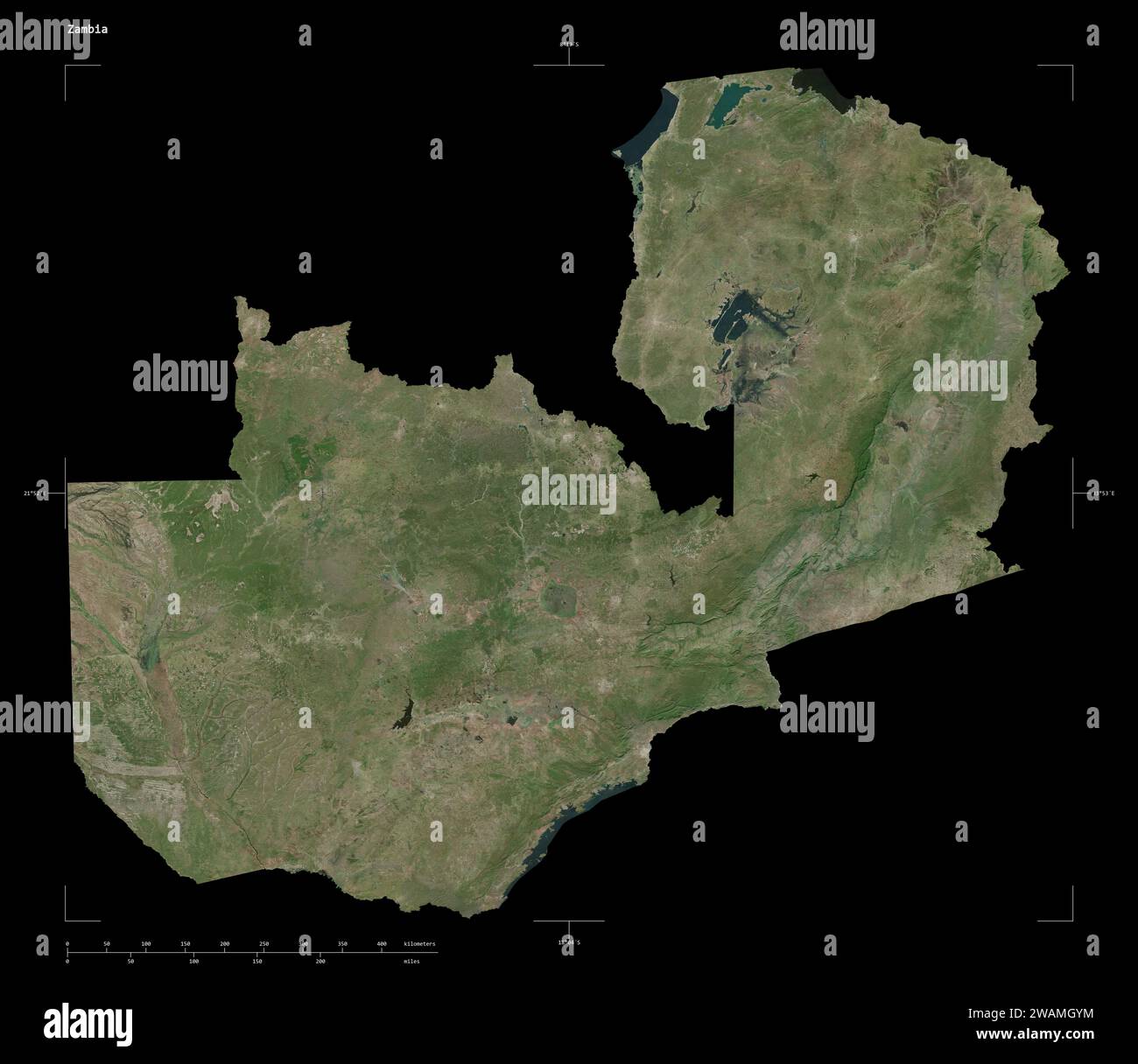 Shape of a high resolution satellite map of the Zambia, with distance ...