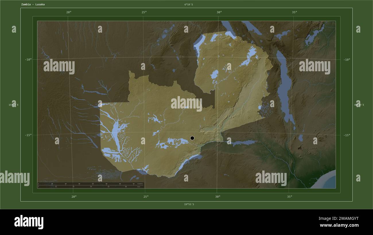 Zambia highlighted on a Pale colored elevation map with lakes and ...
