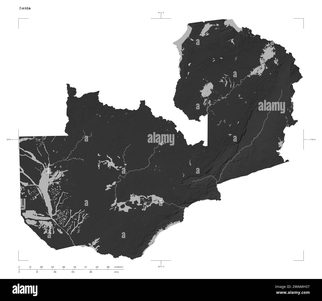 Shape of a Grayscale elevation map with lakes and rivers of the Zambia, with distance scale and ...