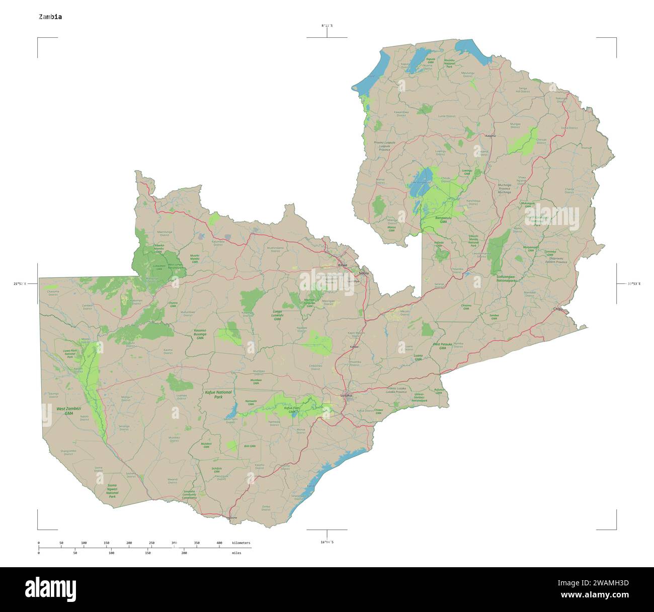 Shape of a topographic, OSM Germany style map of the Zambia, with distance scale and map border ...