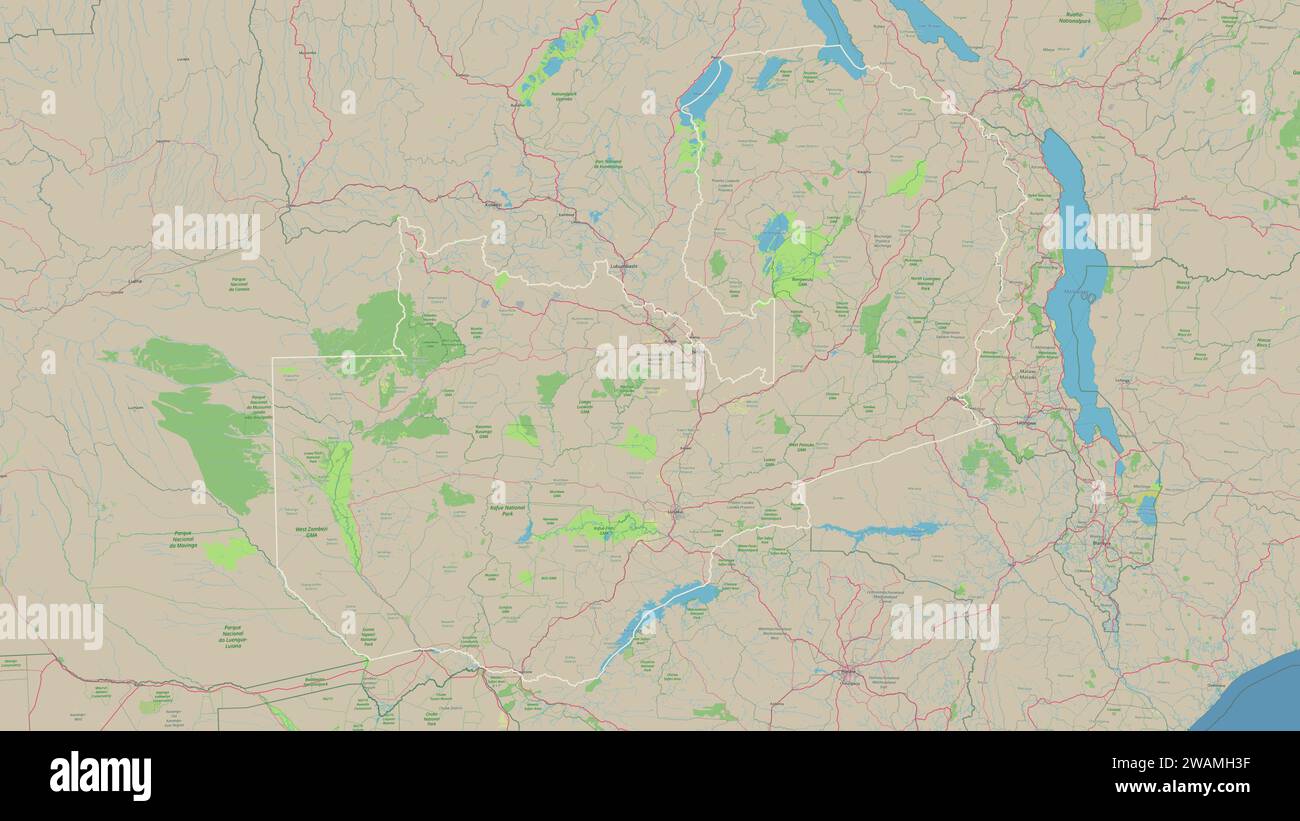 Zambia outlined on a topographic, OSM Germany style map Stock Photo - Alamy