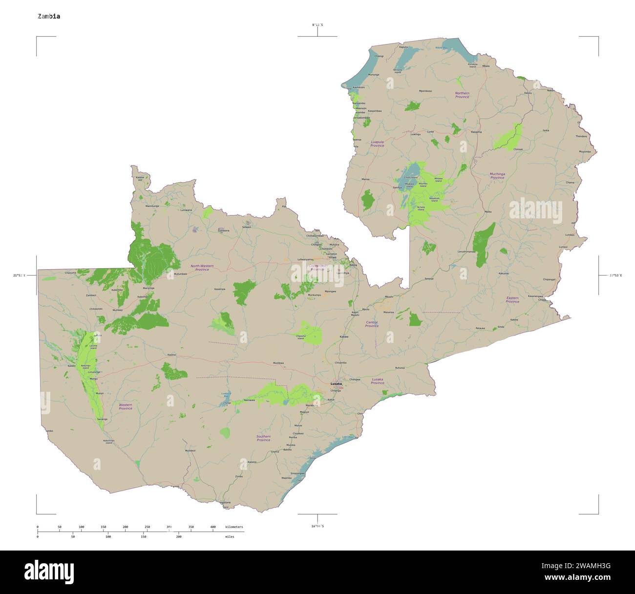 Shape of a topographic, OSM France style map of the Zambia, with ...
