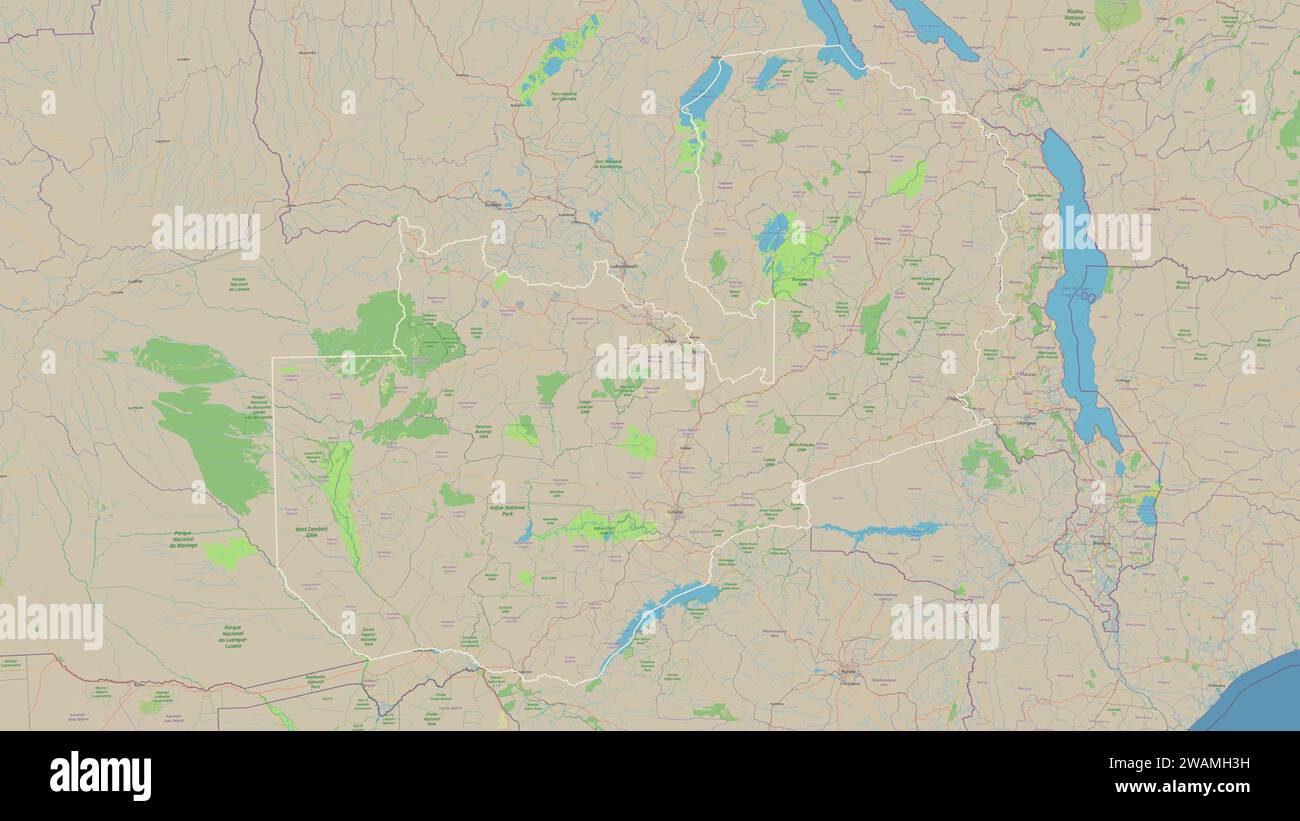 Zambia outlined on a topographic, OSM standard style map Stock Photo - Alamy