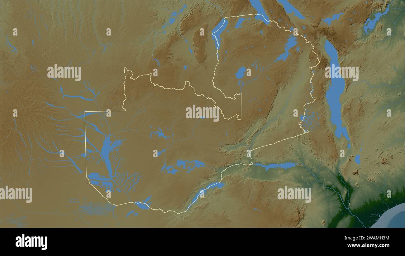 Zambia outlined on a Colored elevation map with lakes and rivers Stock ...