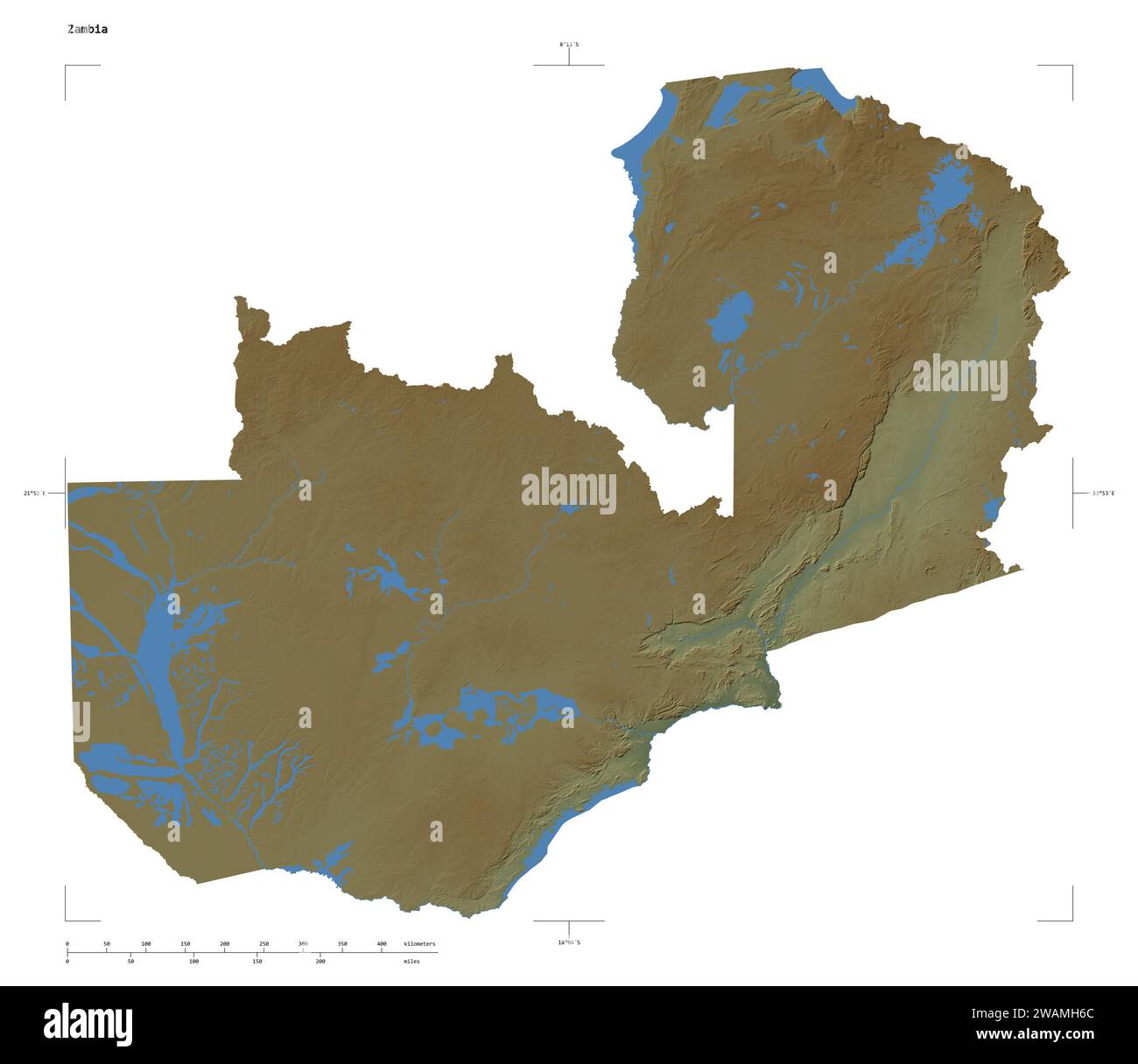 Shape of a Colored elevation map with lakes and rivers of the Zambia ...