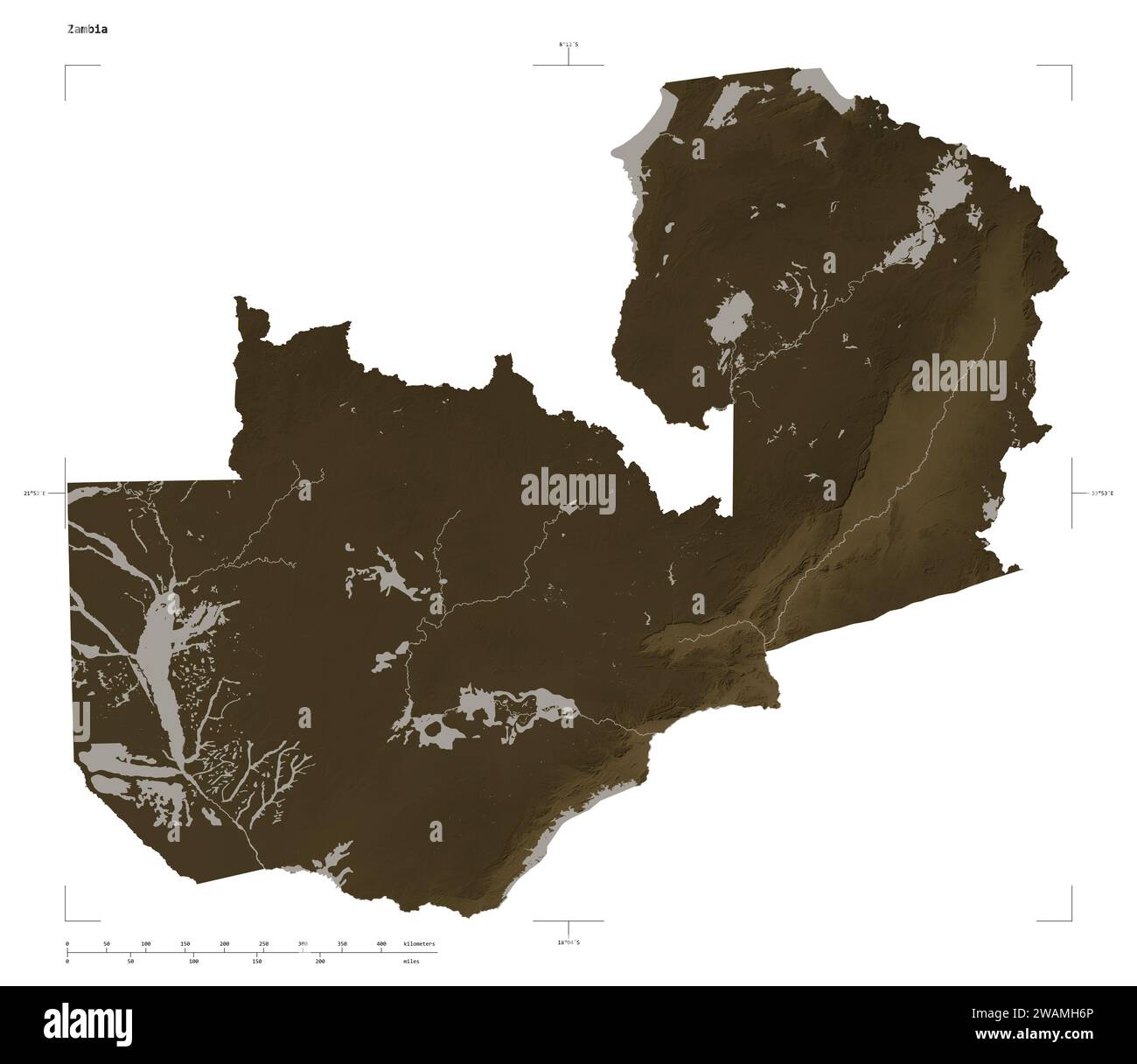 Shape of a elevation map colored in sepia tones with lakes and rivers ...