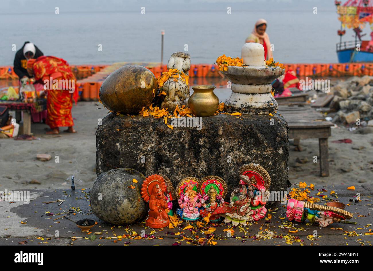 Sculptures of Hindu deities are kept on the banks of the Sarayu River ...