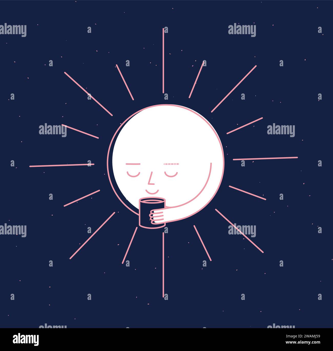 Morning sleeping sun holding cup of tea drawing in cartoon flat line ...