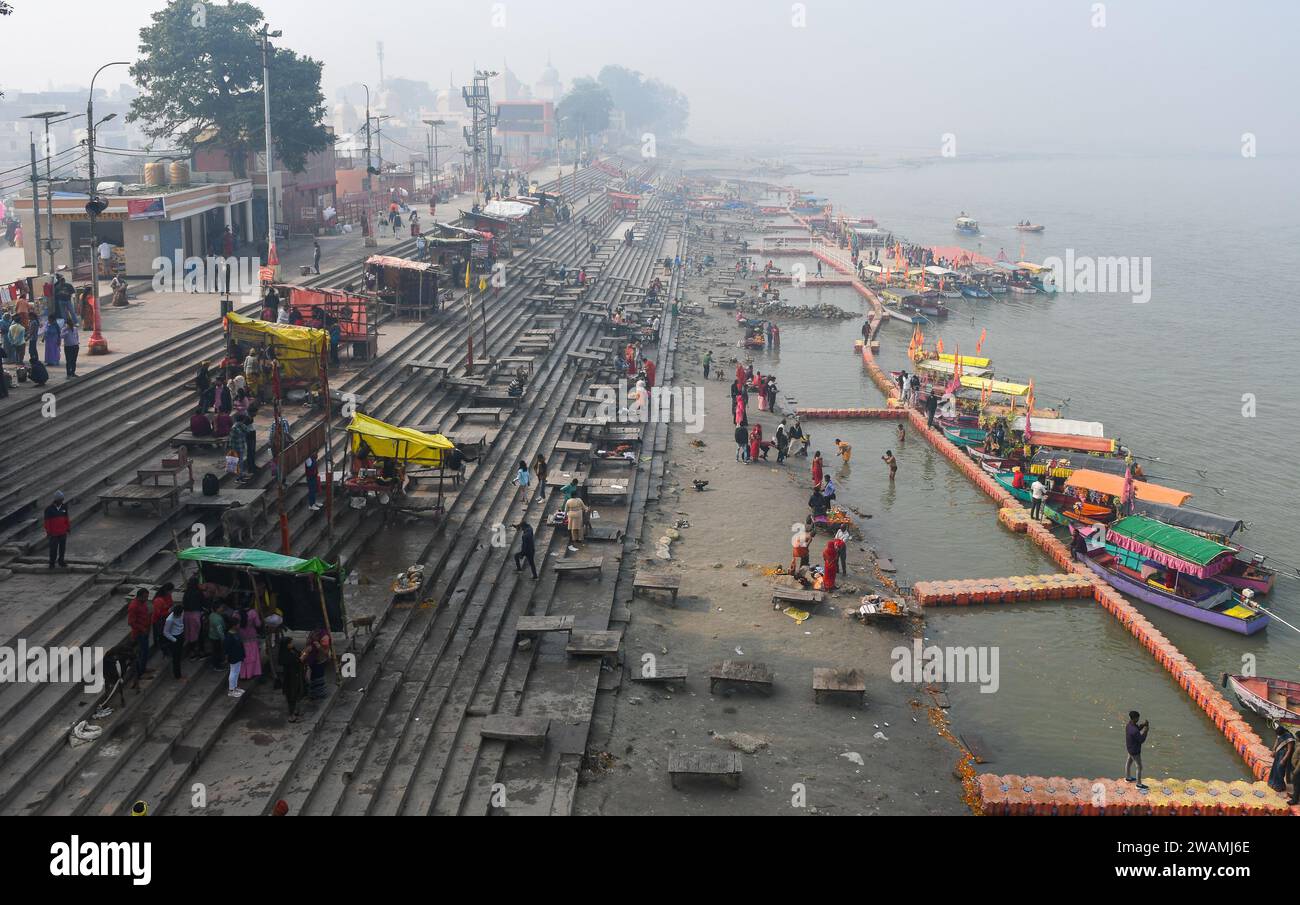 Devotees gather to take a holy dip in the Sarayu river. The ancient ...