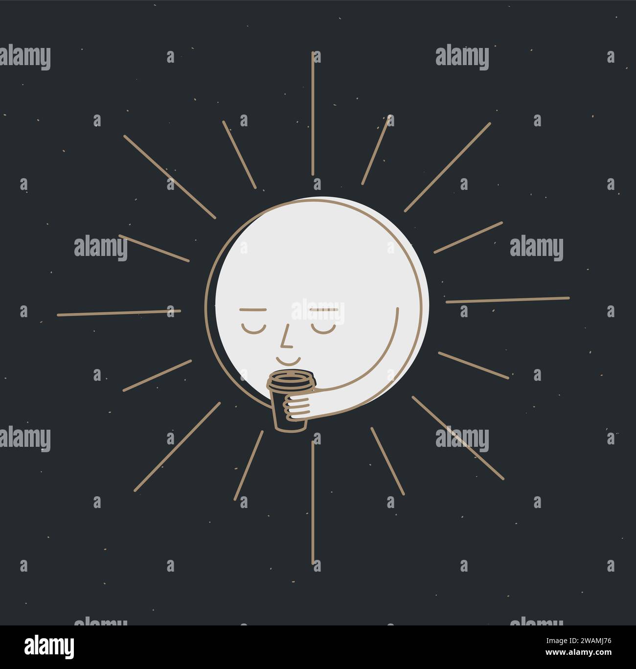 Morning sleeping sun holding take away coffee cup drawing in cartoon ...