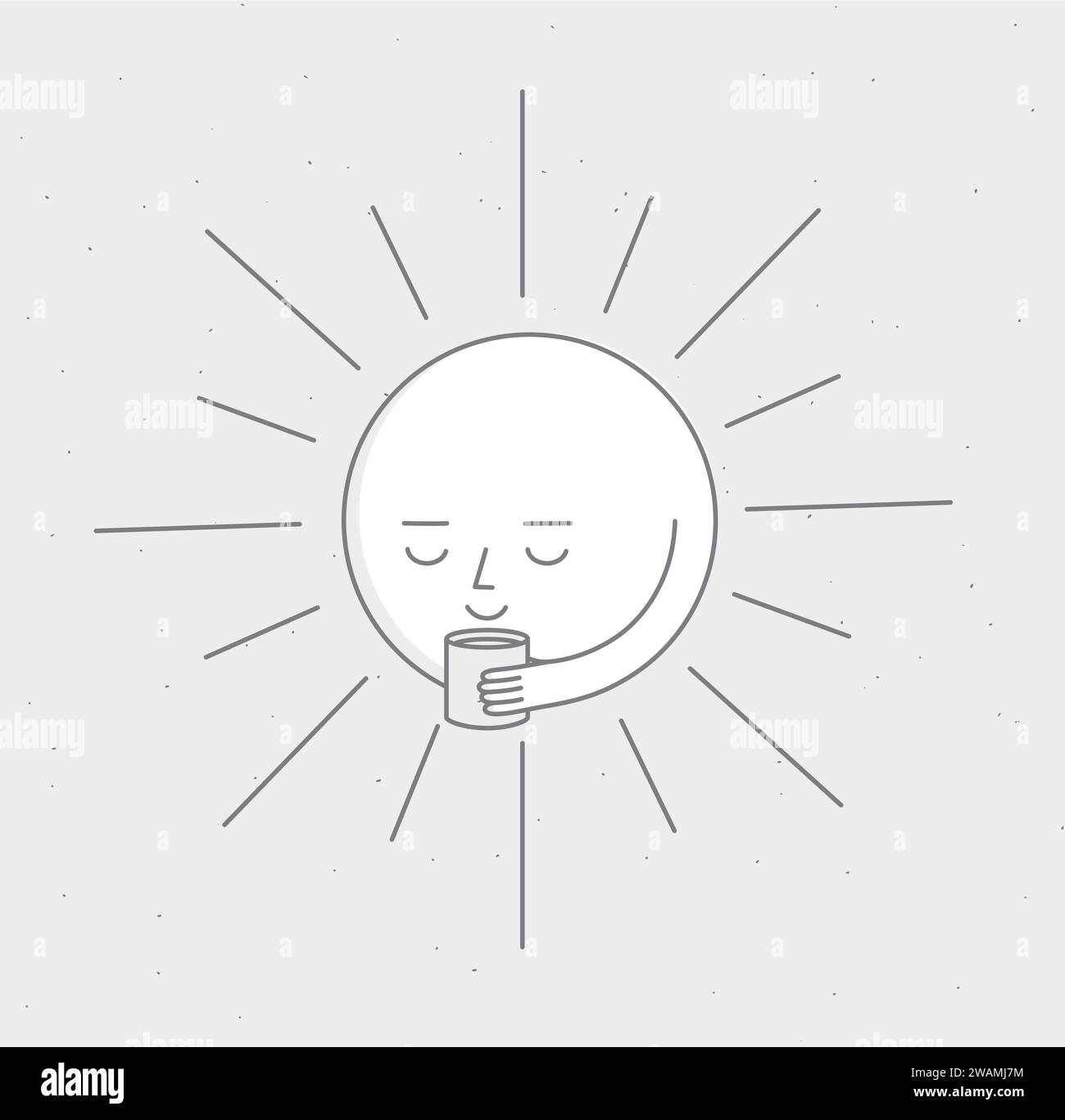 Morning sleeping sun holding cup of tea drawing in cartoon flat line ...