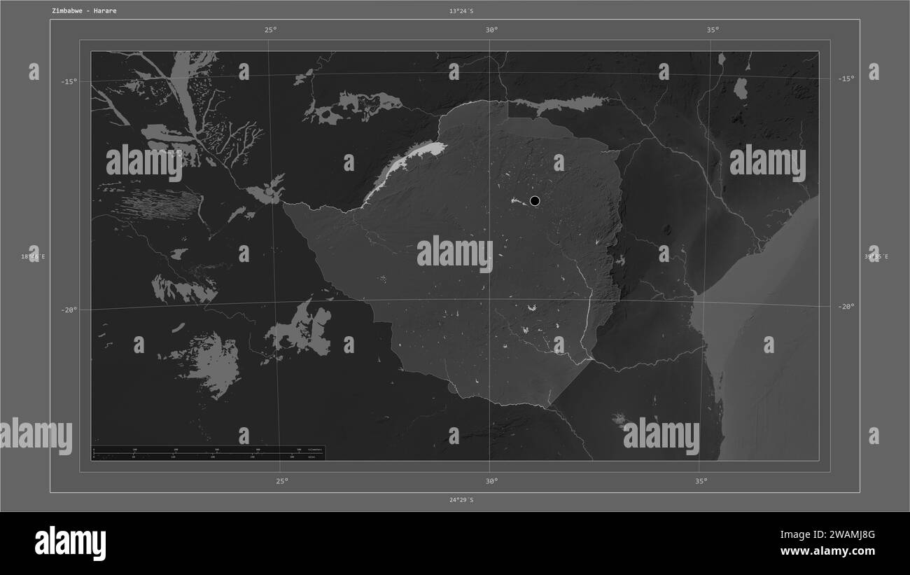Zimbabwe highlighted on a Grayscale elevation map with lakes and rivers ...