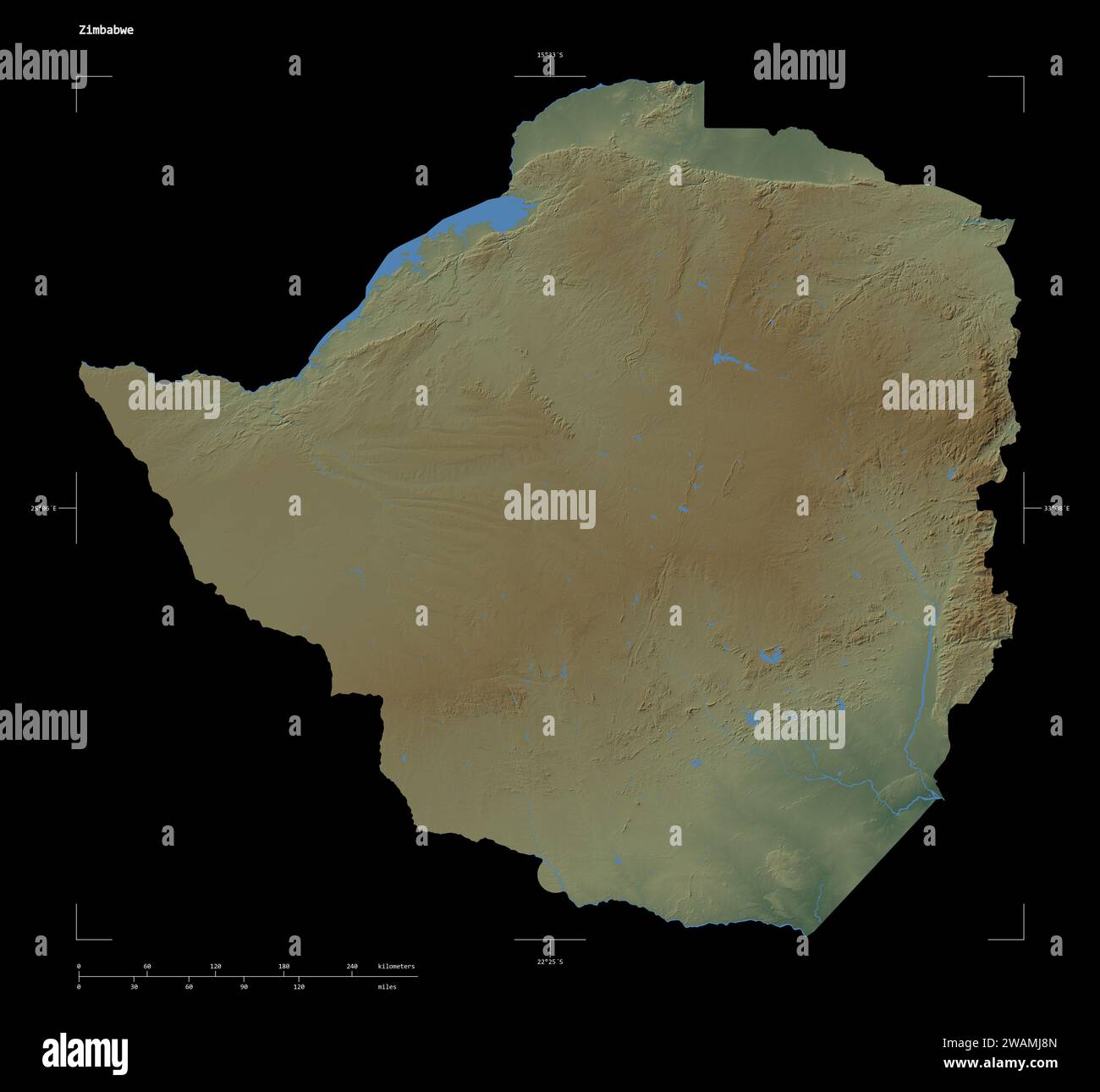 Shape of a Colored elevation map with lakes and rivers of the Zimbabwe ...