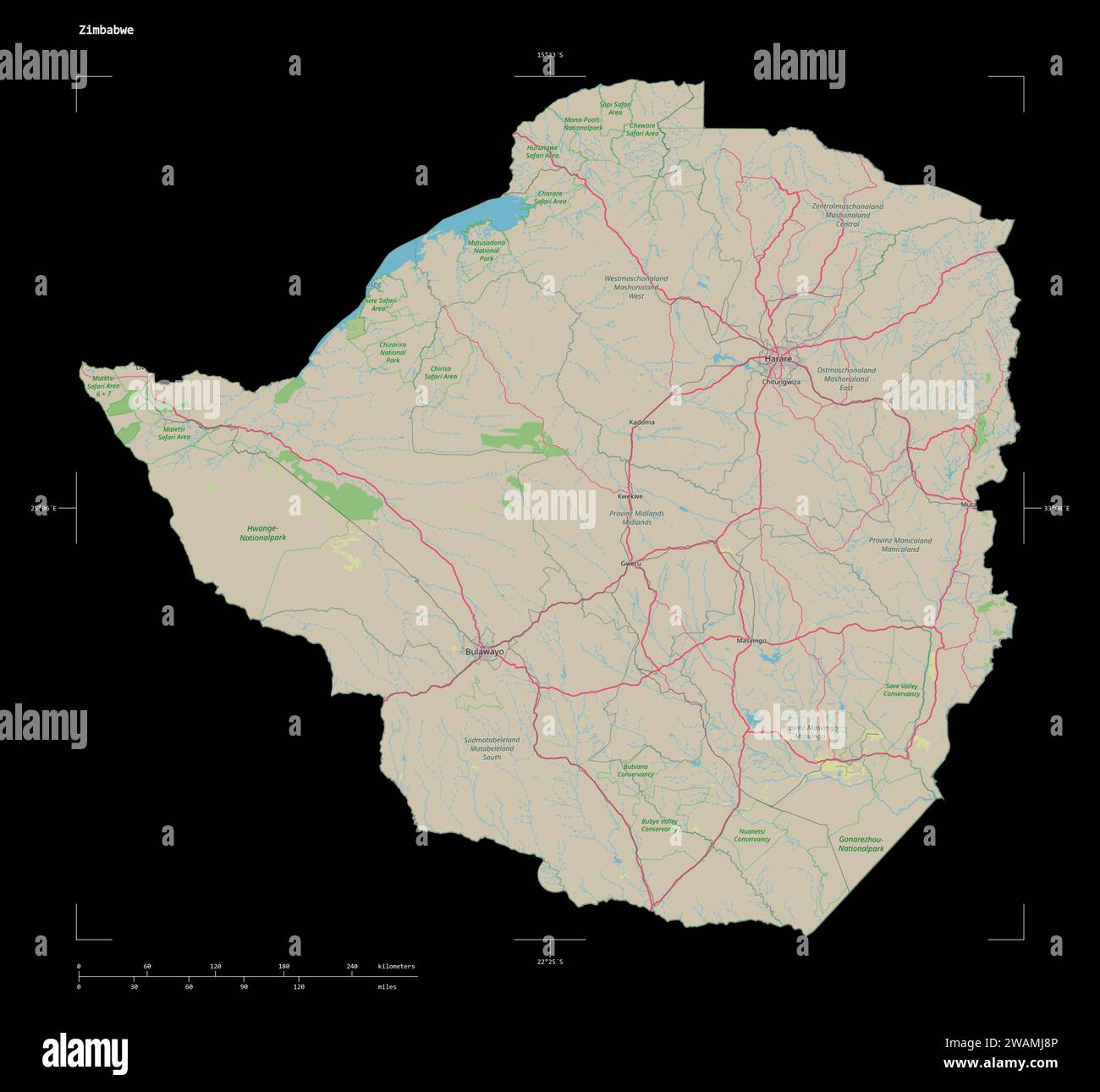 Shape of a topographic, OSM Germany style map of the Zimbabwe, with distance scale and map ...