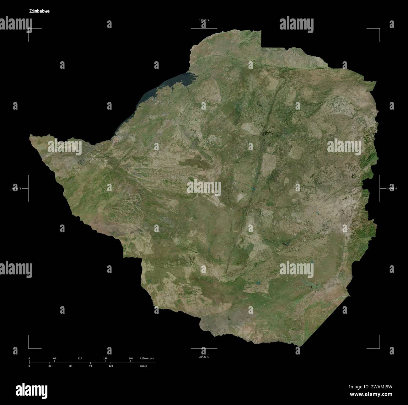 Shape of a high resolution satellite map of the Zimbabwe, with distance ...