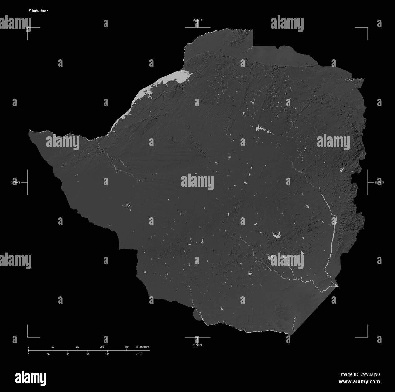 Shape of a Grayscale elevation map with lakes and rivers of the ...