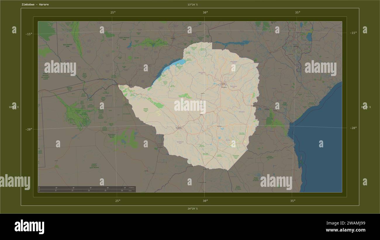 Zimbabwe highlighted on a topographic, OSM standard style map map with ...