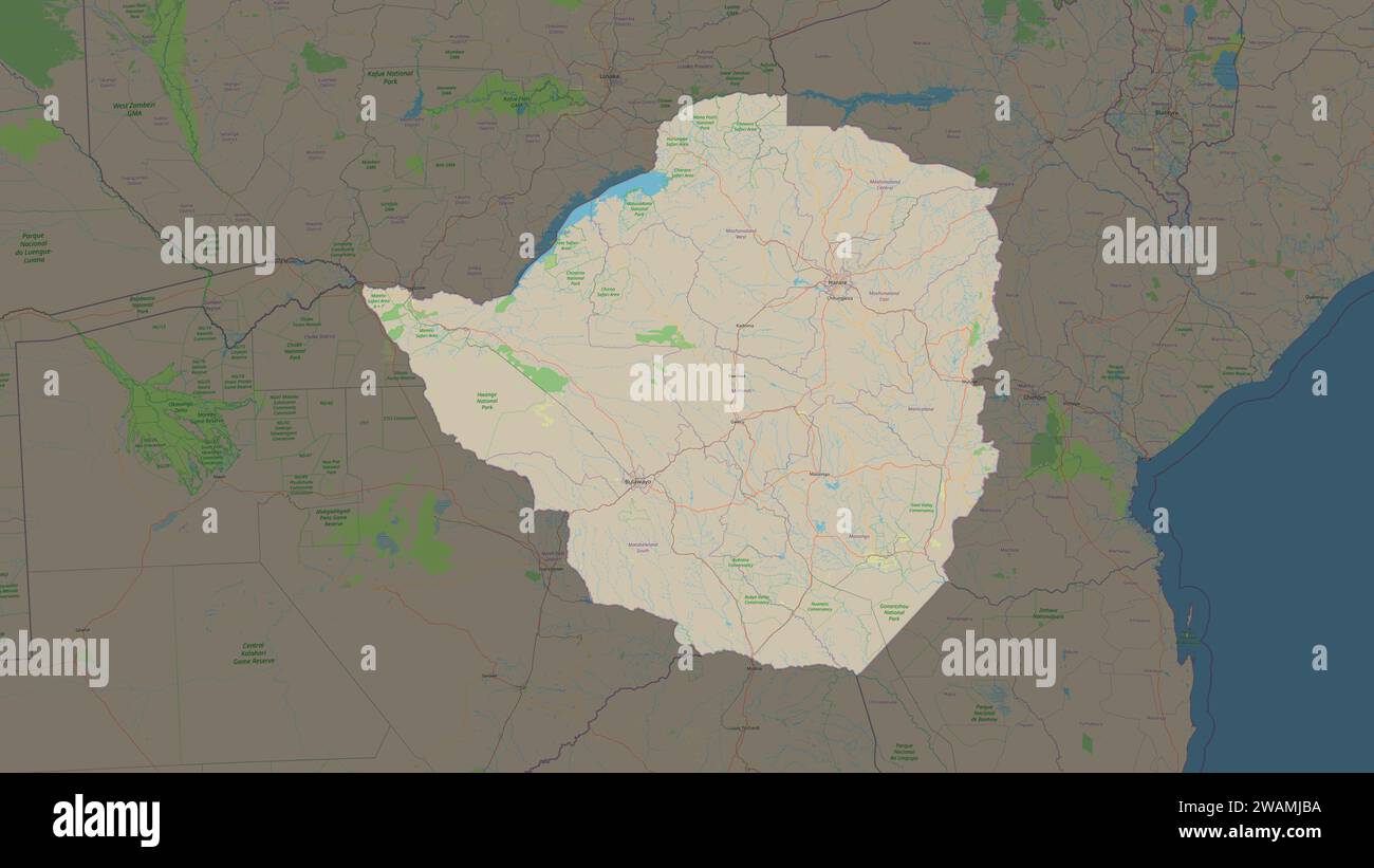 Zimbabwe highlighted on a topographic, OSM standard style map Stock ...