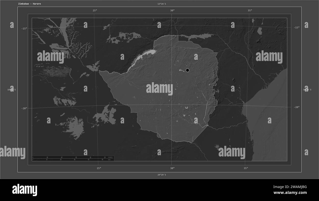 Zimbabwe highlighted on a Bilevel elevation map with lakes and rivers ...