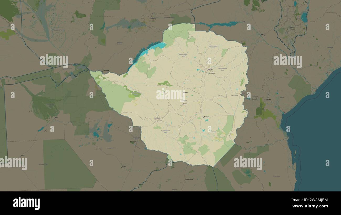 Zimbabwe highlighted on a topographic, OSM Humanitarian style map Stock ...