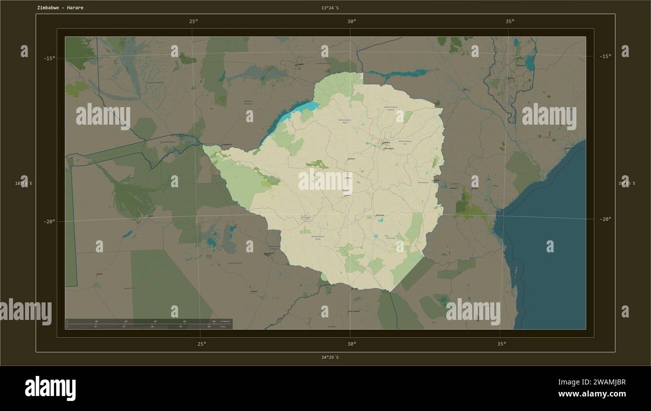 Zimbabwe highlighted on a topographic, OSM Humanitarian style map map ...
