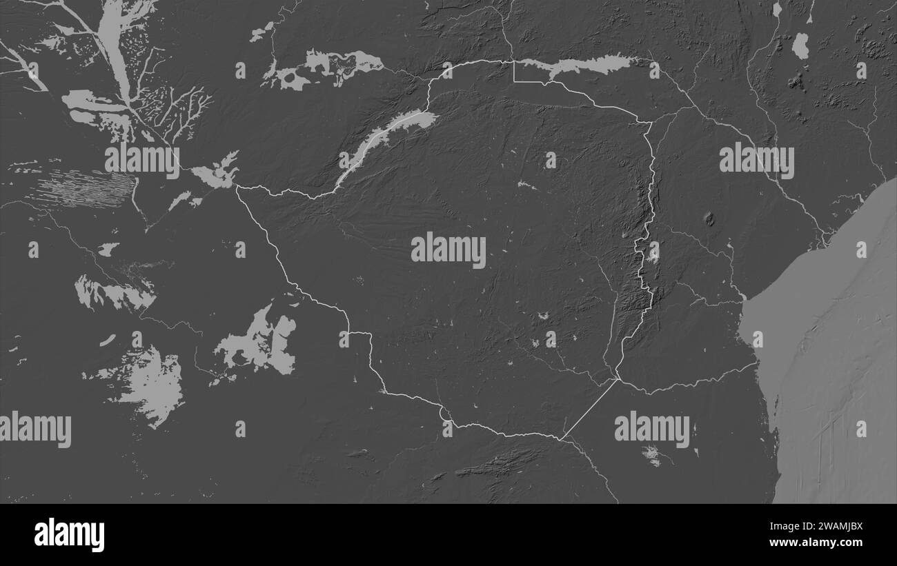Zimbabwe outlined on a Bilevel elevation map with lakes and rivers ...