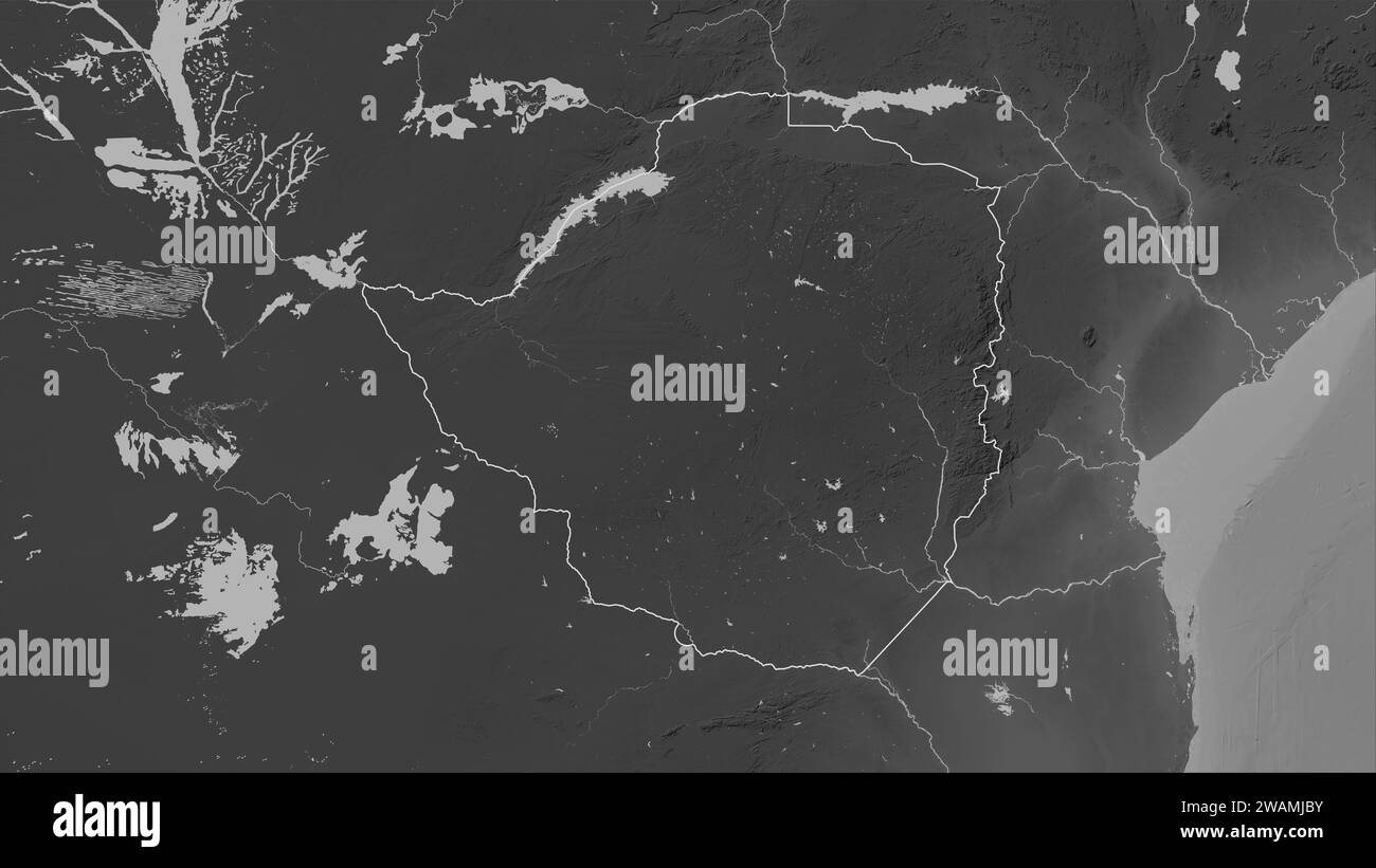 Zimbabwe outlined on a Grayscale elevation map with lakes and rivers ...