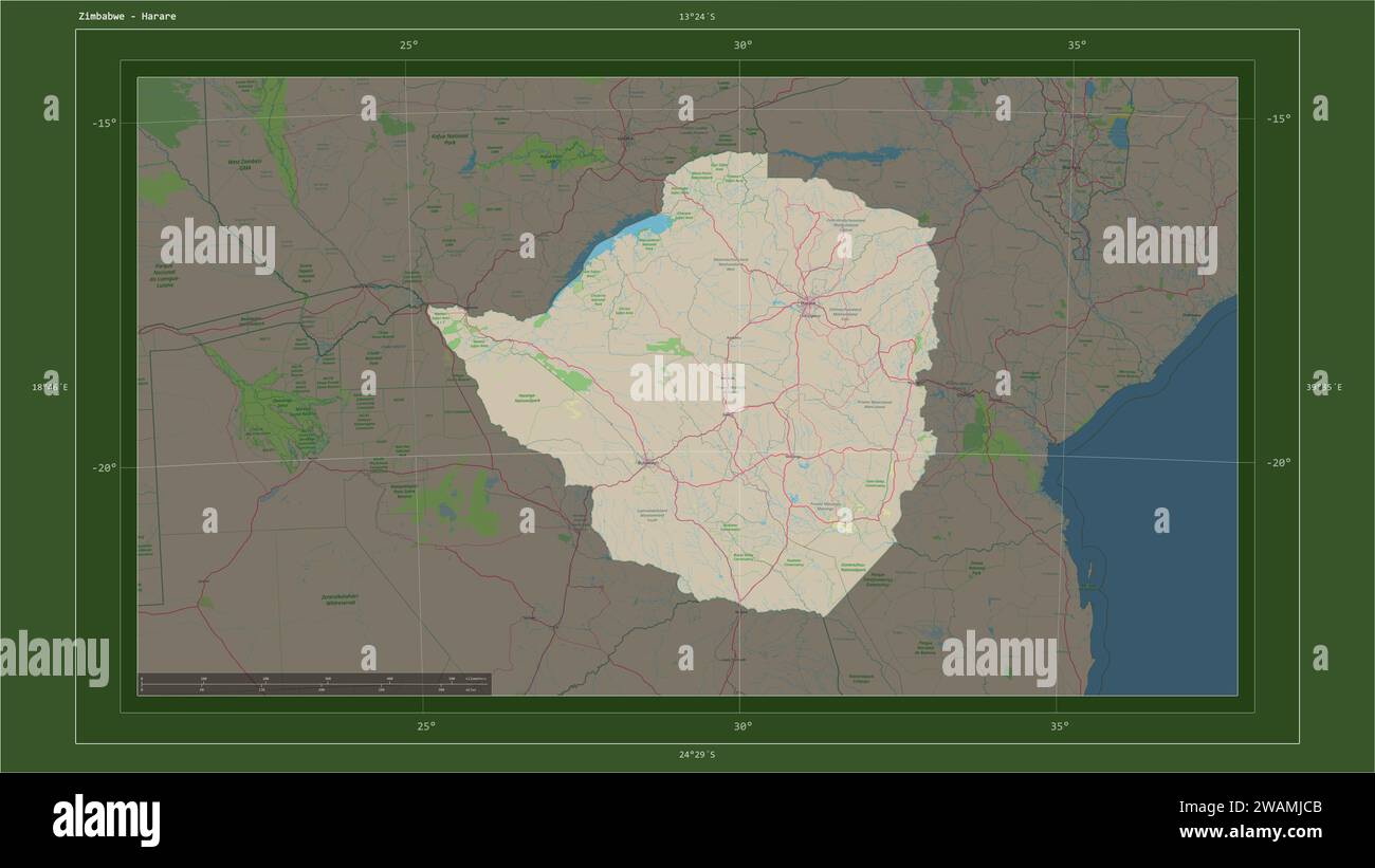 Zimbabwe highlighted on a topographic, OSM Germany style map map with the country's capital ...