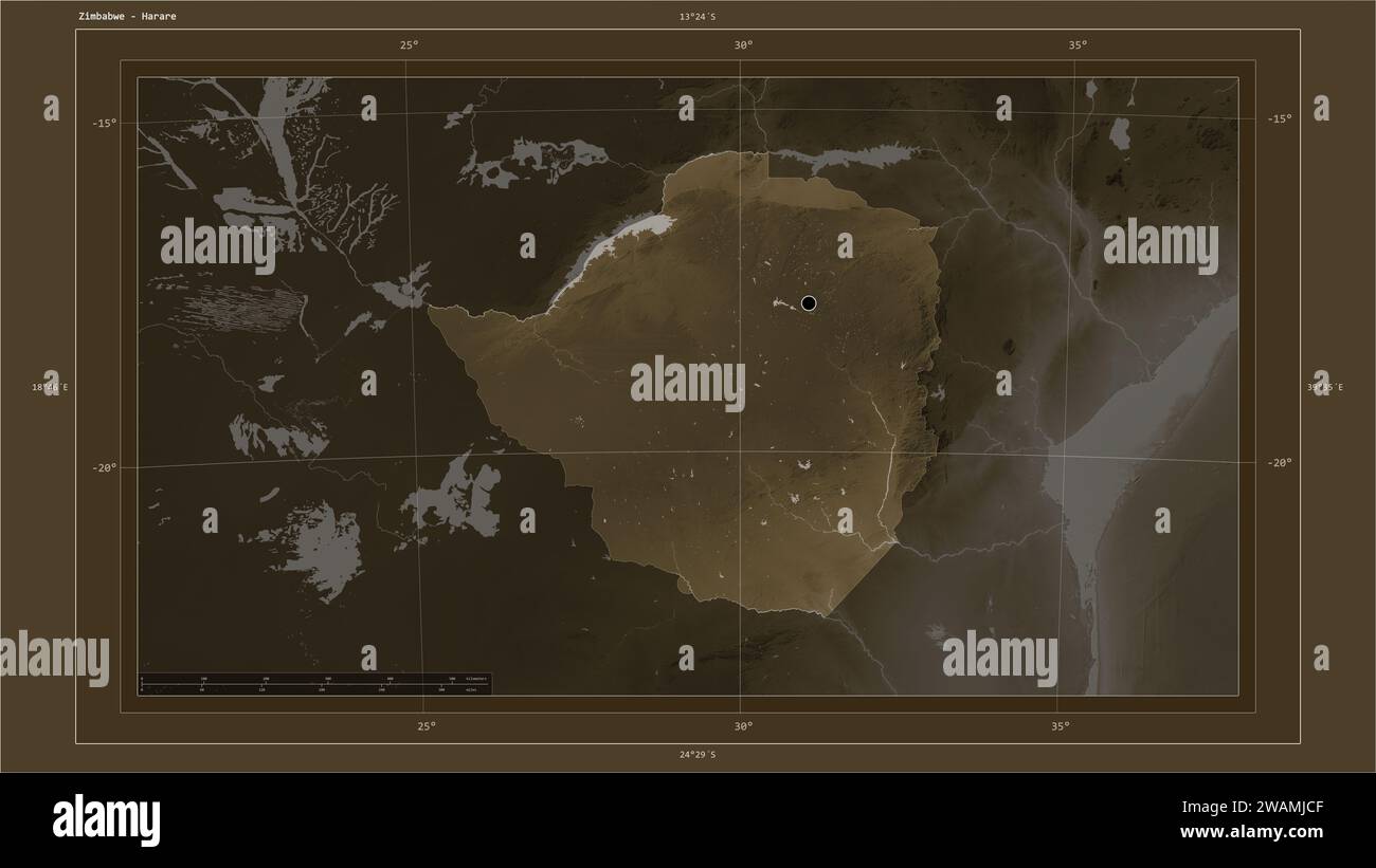 Zimbabwe highlighted on a elevation map colored in sepia tones with ...