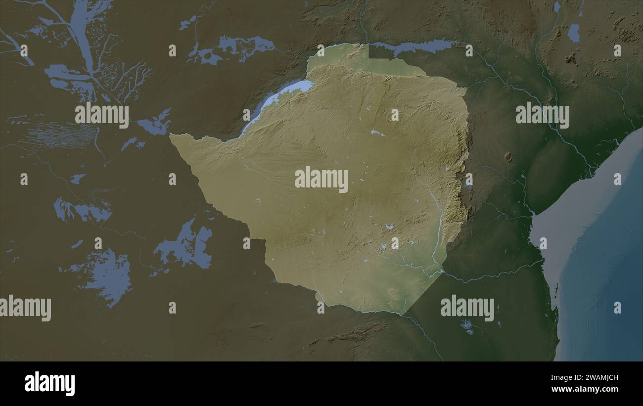 Zimbabwe highlighted on a Pale colored elevation map with lakes and ...