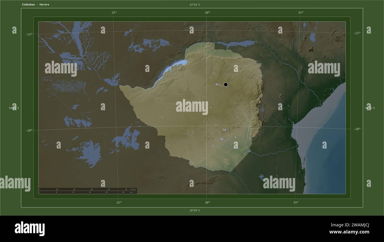 Zimbabwe highlighted on a Pale colored elevation map with lakes and ...