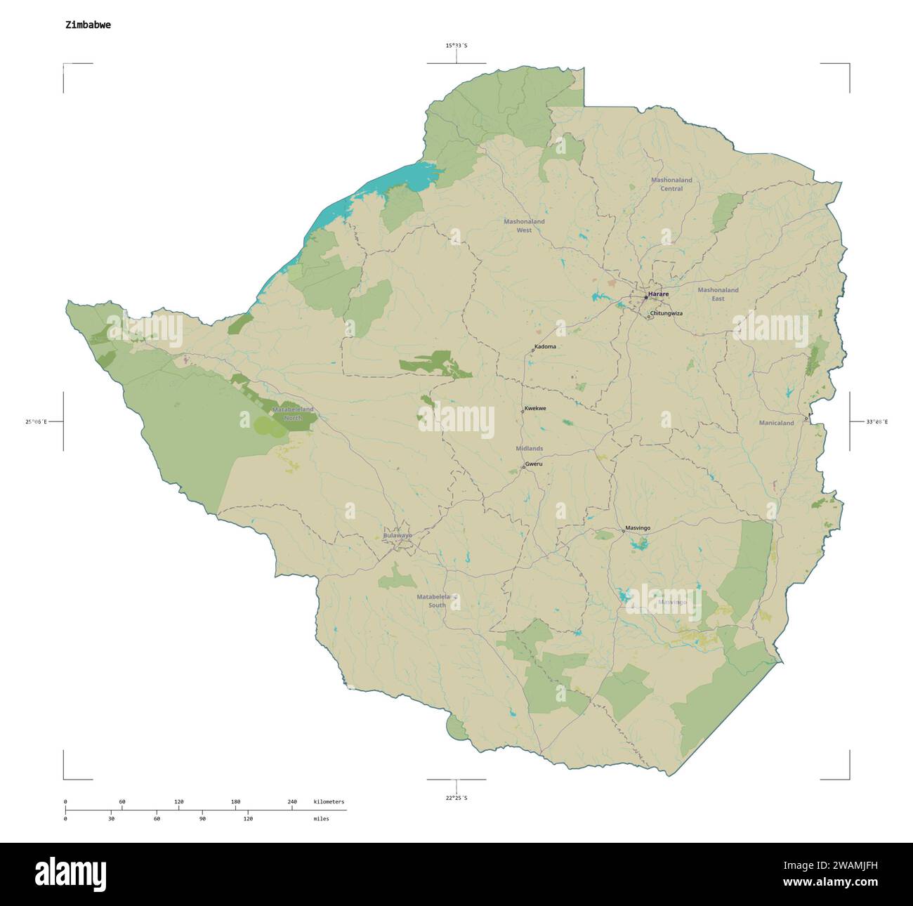 Shape of a topographic, OSM Humanitarian style map of the Zimbabwe ...