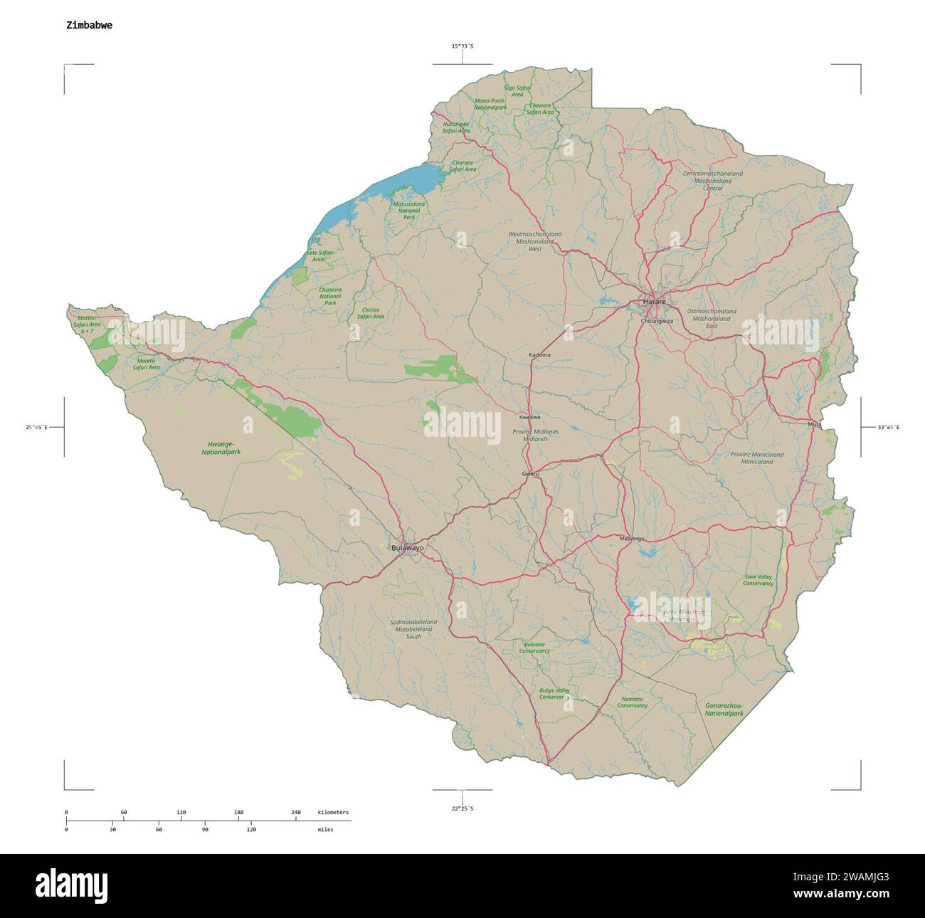 Shape of a topographic, OSM Germany style map of the Zimbabwe, with distance scale and map ...