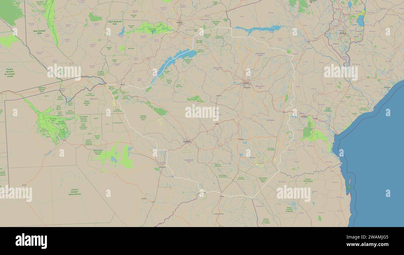 Zimbabwe outlined on a topographic, OSM standard style map Stock Photo ...