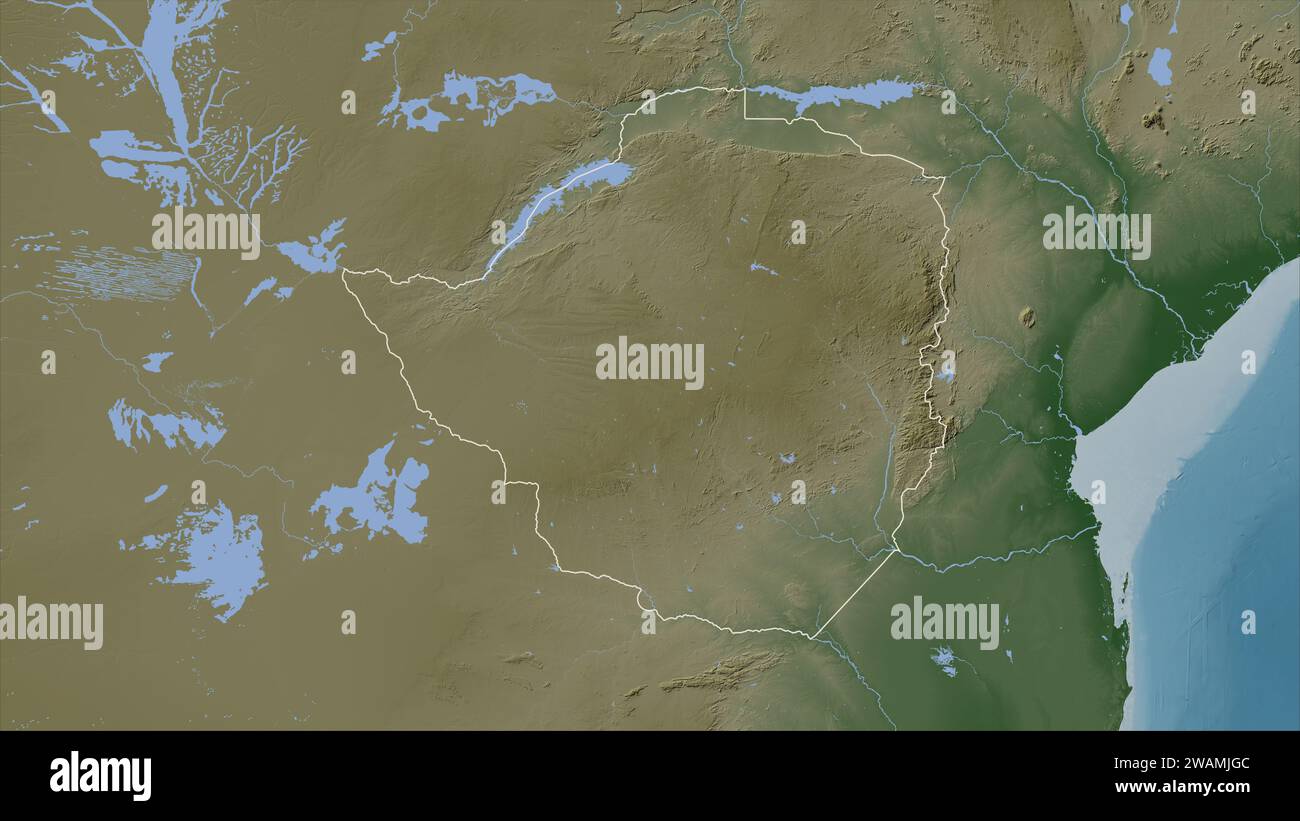 Zimbabwe outlined on a Pale colored elevation map with lakes and rivers ...