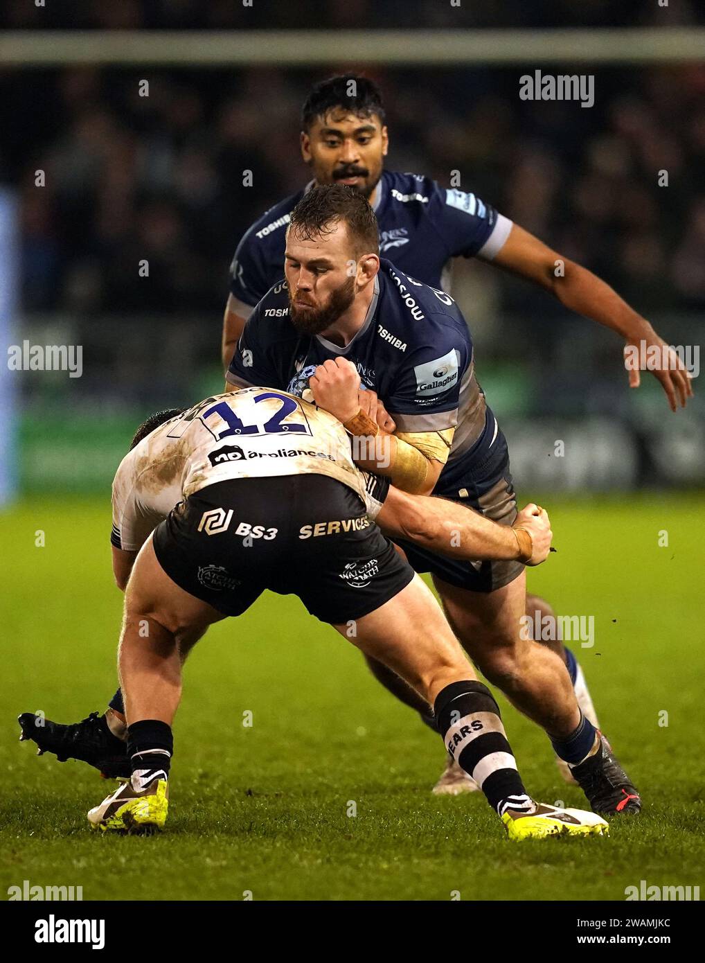 Sale Sharks' Luke Cowan-Dickie is tackled by Bristol Bears' James ...