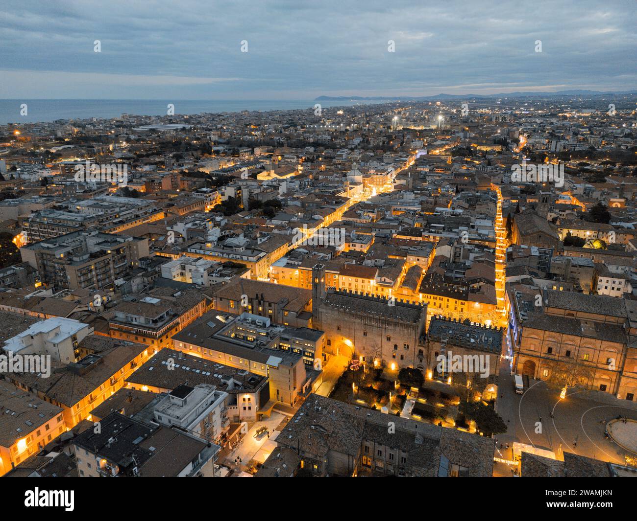 A stunning aerial view of Rimini, Italy at night during the Christmas ...